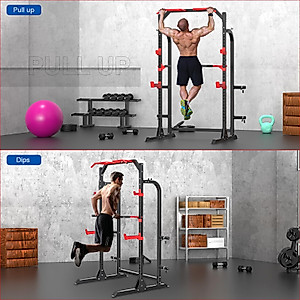 SunHome Power Cage Squat Rack, Multi-Functional Power Rack with J-Hooks, Dip Handles, Weight Plate and Olympic Bar Storage Home Gym