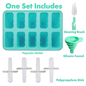 Popsicles Molds, Silicone Popsicle Mould BPA Free Ice Pop Molds Reusable 10 Cavities Popsicle Maker with Popsicle Sticks, Funnel and Cleaning Brush (Forest Green)