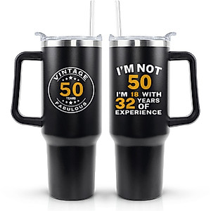 Qeenking 50th Birthday Tumbler - 40 OZ Stainless Steel Travel Mug with Handle and Straw - Keeps Drinks Cold/Hot for 12/6 Hours - The for Him/Her