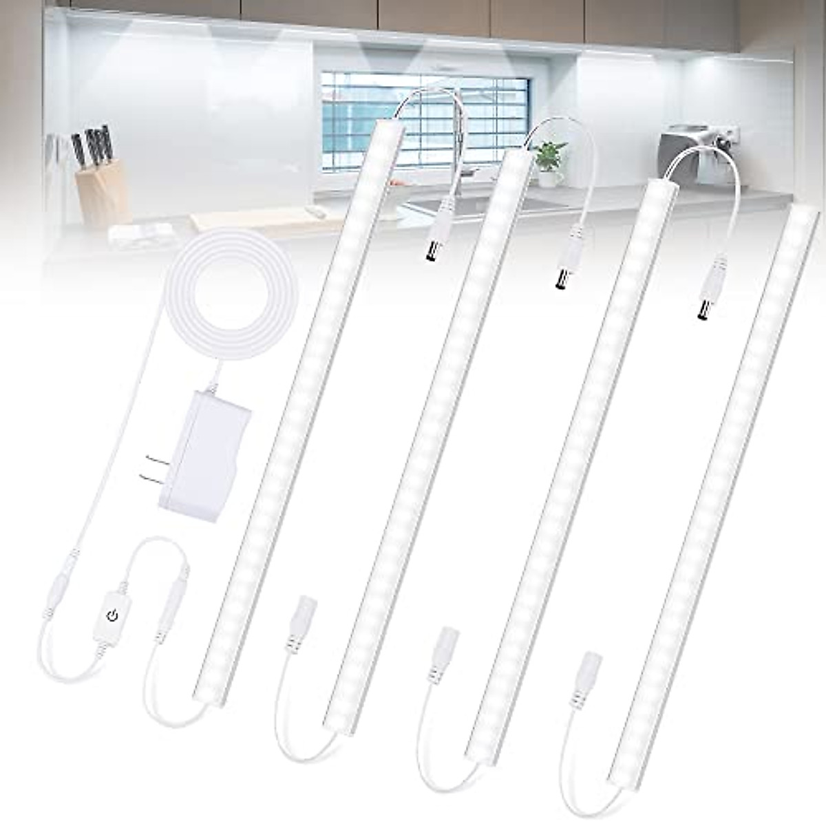 Under Cabinet Lights Plug-in Cold White 6000K, Dimmable LED Under Cabinet Lighting, 4pcs 12 Inch Under Counter Lights for Kitchen with Memory Function, LED Light Bar for Closet, Pantry, Workbench