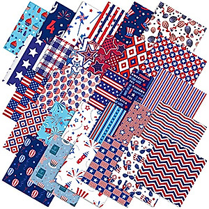 60 Pcs 10 x 10 Inch Independence Day Fabric Holiday American Flag Print Fabric Independence Day Decorative DIY Fabric Printed Sewing Squares Colorful Blue Red White Fat Quarters Bundle for Crafts