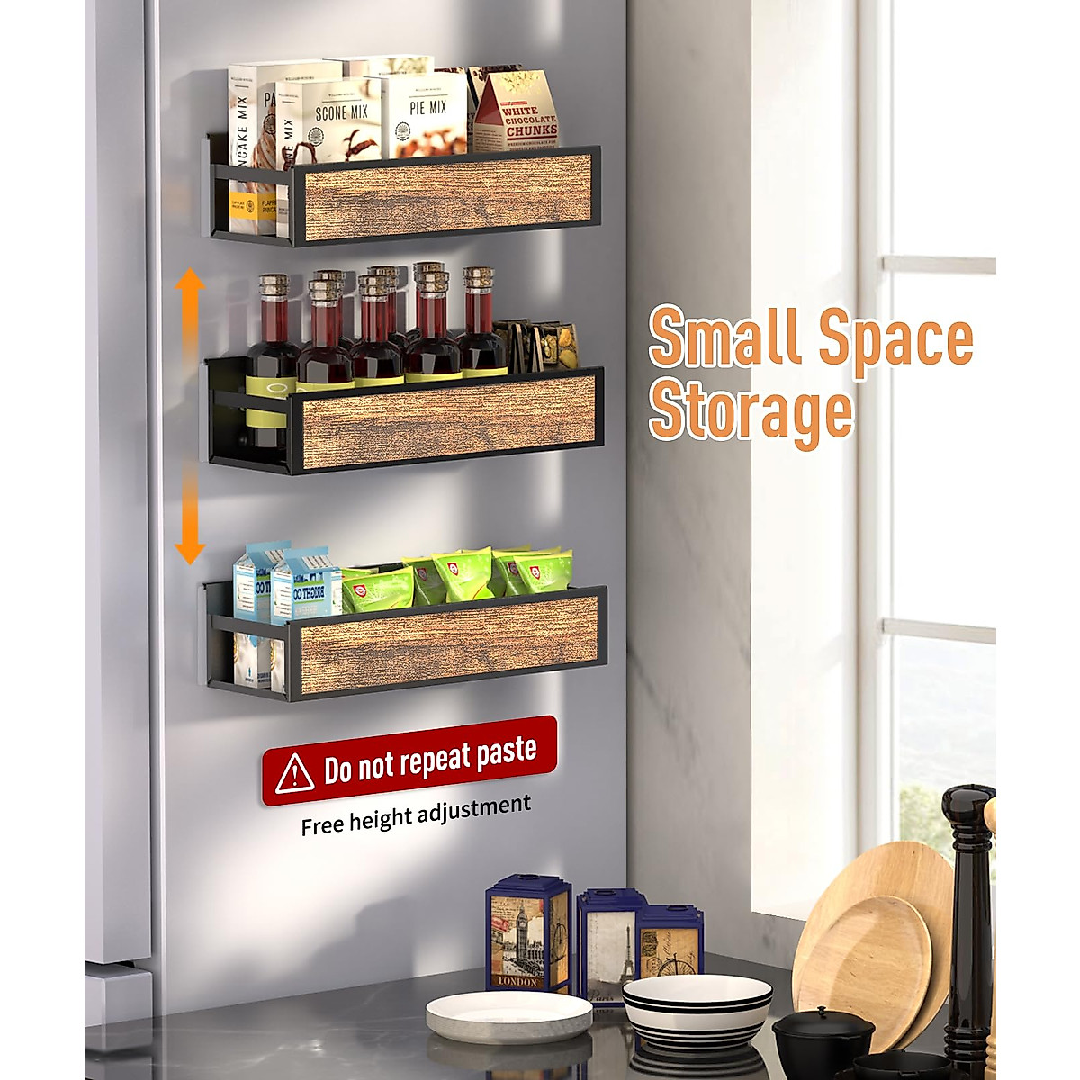 beibeiqi Spice Rack Organizer for Wall, Adhesive Hanging Organizer -3 Packs Storage Rack Zero Installation with 3 Hooks for Refrigerator and Cabinet,Microwave,Camper