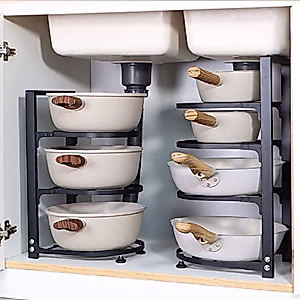 Pot and Pan Rack Organizer Holder，Heavy Duty Adjustable Standing Pan & Pot Racks，Wall Mounted Kitchen Cookware Rack For Pot Storage Under Kitchen Counters, Cabinets, Sink Cabinets （4-Tier，Black）