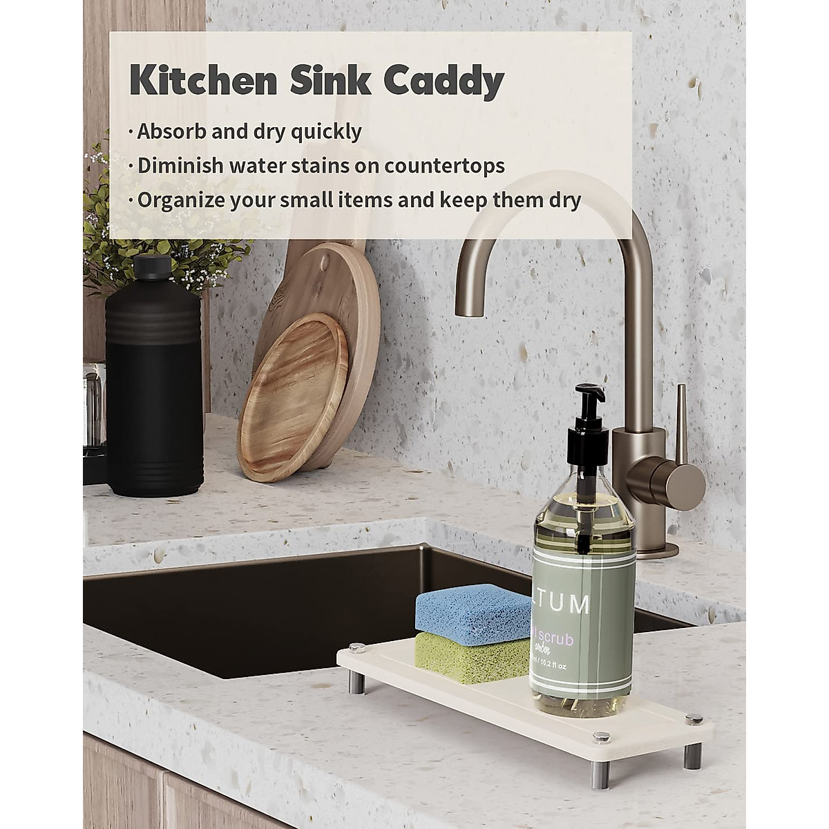 Johamoo Fast Drying Stone Sink Tray, Bathroom Instant Dry Sink Organizer, Diatomaceous Earth Water Absorbing Stone Tray for Kitchen Counter, White