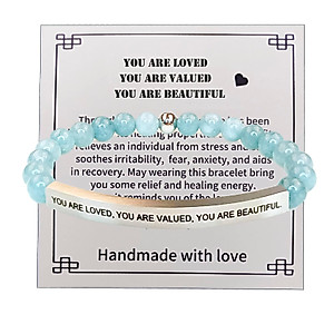 Aquamarine Beads-YOU ARE LOVED YOU ARE VALUED YOU ARE BEAUTIFUL- Faith Motivated Messages Engraved Stainless Steel Bar Beaded Inspirational Bracelets,Gifts for Women Men Girls Boys Mother Daughter Friends,Birthday Present. (silver-Aquamarine-YOU ARE LOVED