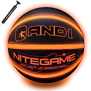 AND1 Nitegame LED Light Up Basketball - Impact Activated Glow in The Dark - Regulation Size 7 (29.5 inches), for Outdoor or Indoor Basketball, Sold Deflated, Comes in Black or Orange