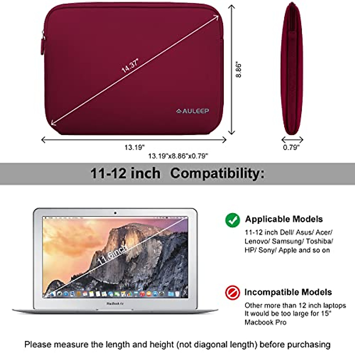 AULEEP 11-12 Inch Laptop Sleeves, Neoprene Notebook Computer Pocket Tablet Carrying Sleeve/Water-Resistant Compatible Laptop Sleeve for Acer/Asus/Dell/Lenovo/HP, Wine Red