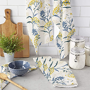 Absorbent Microfiber Kitchen Towels(Set of 3),Vintage Floral Plant,Tea Towel for Kitchen/Bathroom Decorative Bar Towels,Yellow Blue,Soft Resuable Dish Towels Cloths Nonstick Oil Washable Fast Drying
