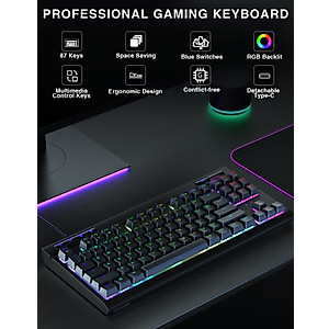 GOYIGO Mechanical Keyboard Clicky Blue Switches,75% TKL RGB Backlit Gaming Keyboard,Full Keys Anti-ghosting Programmable,USB-C Wired Computer Keyboards for PC/Mac,Black