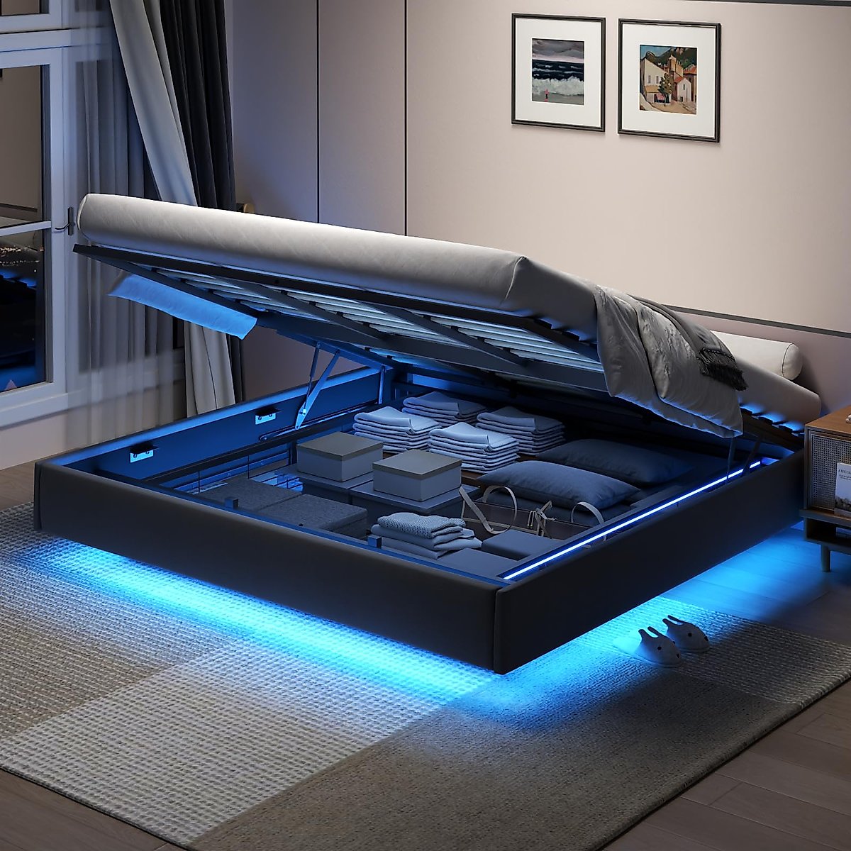King Floating Lift Up Bed Frame with LED Light, Modern Metal Platform Bed Frame with Hydraulic Storage, Innovative Stable Structure&Wood Slats Support,No Box Spring Needed,Easy Assemble (King Size)