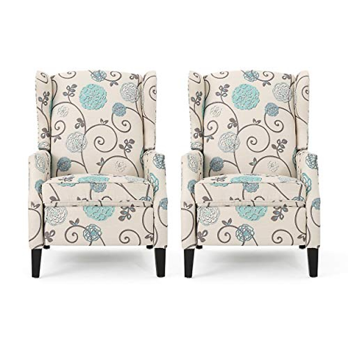 Christopher Knight Home Ellyn Fabric Recliner (Set of 2), Light Beige with Blue Floral, Dark Brown