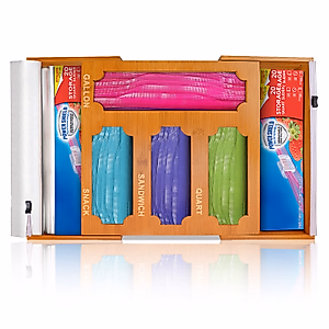 Ziplock Bag Storage Organizer and Dispenser with Cutter, Bamboo Organizer Compatible with Gallon,Sandwich & Snack
