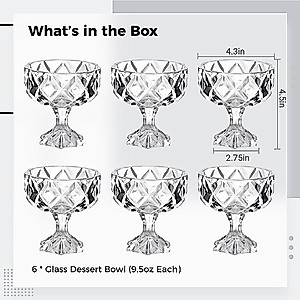 Homaisson Glass Dessert Bowls 6 Pcs, 9.5 oz Footed Crystal Trifle Bowls, Large Dessert Cups for Ice Cream, Sundaes, Parfait, Milkshakes, Fruits, Pudding, Snack, Cereal, Nuts, 4.3×4.5 in, XL