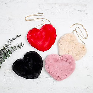 Mini Momo Heart Shape Handbag Cute Girls Purse - Fluffy Faux Fur Bag Women Crossbody, Valentines Day Bow Tie Ribbon Shoulder (Fluffy Heart Chain Bag - Red)