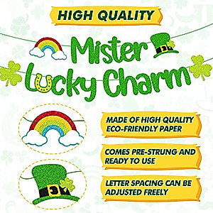 Mister Lucky Charm Banner St. Patrick Day Decoration for Boys Glitter Green Three Leaf Clover Shamrock Garland for Irish Day Party Decor Lucky Themed Men Boys Birthday Baby Shower Party Anniversary Celebration Supplies