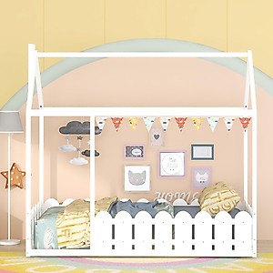 MERITLINE Twin House Bed for Kids Wood Playhouse Bed Frame with Rails & Roof, Montessori Floor Bed for Girls Boys Teens (White)