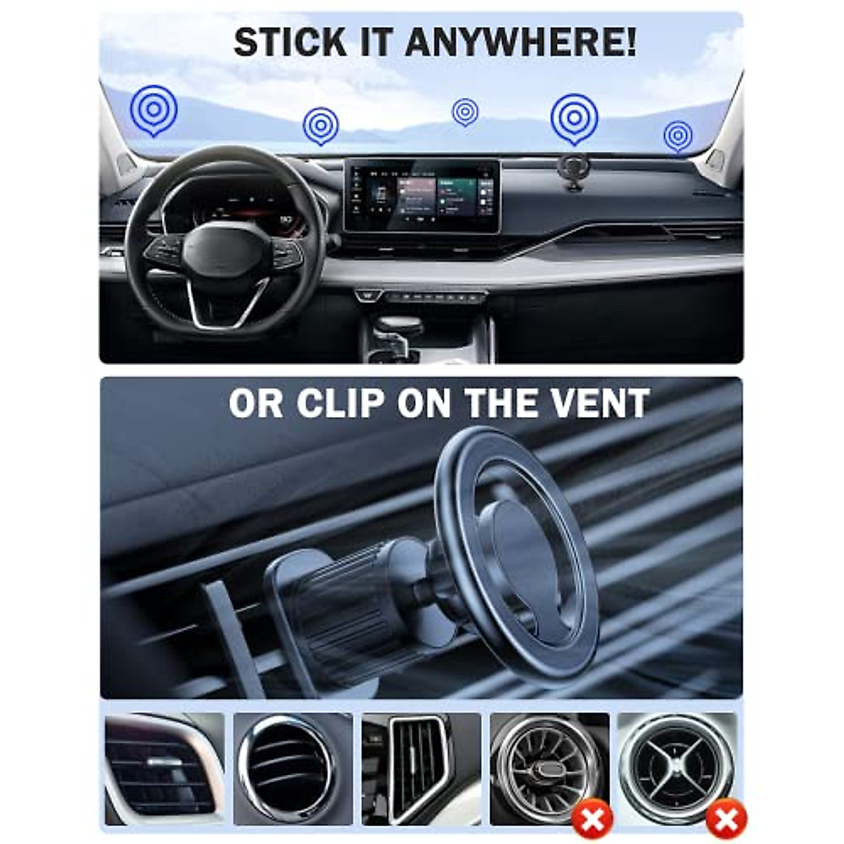 EIOSUN Magnetic Car Mount Compatible with MagSafe Case and iPhone 13/14 Pro Max/iPhone 12 Pro Max Mini, 360° Rotatable Strong Magnet Dash & Air Vent Phone Holder