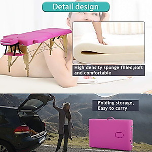 Portable Massage Table Spa Bed Folding 84 Inch Height Adjustable 2 Fold Massage Bed with Carry Case PU Leather Professional Facial Salon Tattoo Lash Bed with Face Cradle, Hold Up To 450Lbs, Pink