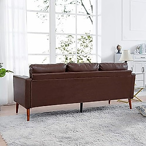 Pabby Yard PU Leather Sectional Sofa 3 Seat Comfy Couches Soft Cushion Sofa with Wooden Legs and 2 Pillows, Mid-Century Modern Sofa Classic Small Spaces Couches Living Room Furniture, Brown
