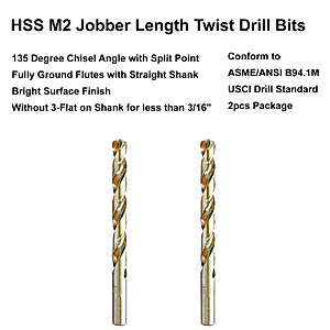 MAXTOOL 19/64" 2pcs Identical Jobber Length Drills HSS M2 Twist Drill Bits Fully Ground Bright 3-Flat Straight Shank Drills; JBF02W13R19P2