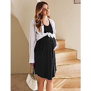 Ekouaer Nursing Nightown Labor and Delivery Gown for Hospital Pleated Breastfeeding Dress for Women Short Sleeve Maternity Sleepwear Black M