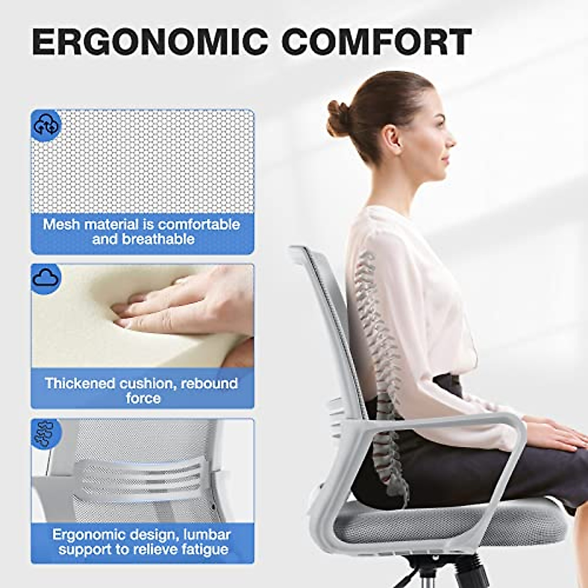 Office Chair - Ergonomic Office Chair Mid Back Office Desk Chair with Wheels Computer Chair with Lumbar Support Home Office Chair with Armrests for Adults, Grey