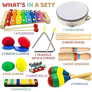 Stoie's Kids Musical Instruments Set 19 pcs for Toddler Ages 3-5 - Baby Wooden Percussion Musical Toys for Little Boys & Girls 9-12 Years Old- with Xylophone and Maracas - to Play in First Mini Band