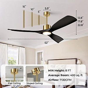 BOOSANT Ceiling Fans with Lights, Ceiling Fans with Lights and Remote Control, 52 inch Ceiling Fan with Light, Outdoor Ceiling Fans for Patios 3 Blade Bedroom Living Room-Matte Black and Gold