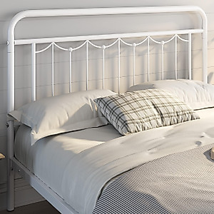 Yaheetech Queen Size Metal Bed Frame with Vintage Headboard and Footboard, Farmhouse Metal Platform Bed, Heavy Duty Steel Slat Support, Ample Under-Bed Storage, No Box Spring Needed, White