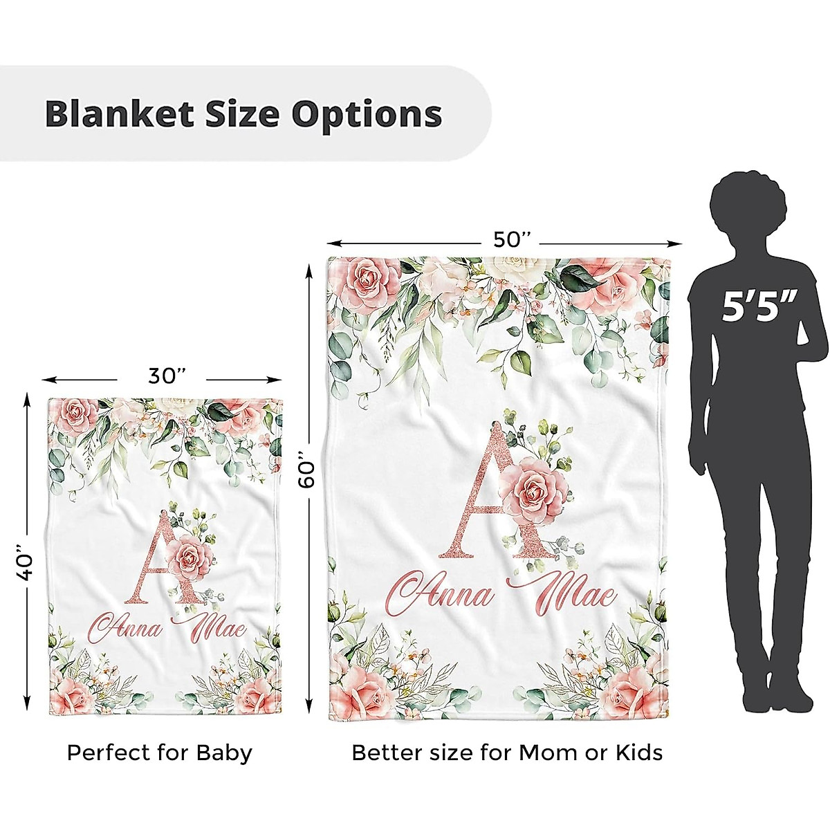 Honestchi Floral Personalized Baby Blankets for Girls - Custom Baby Girl Blanket - Customized Baby Gifts with Name - Soft, Lightweight & Giftable