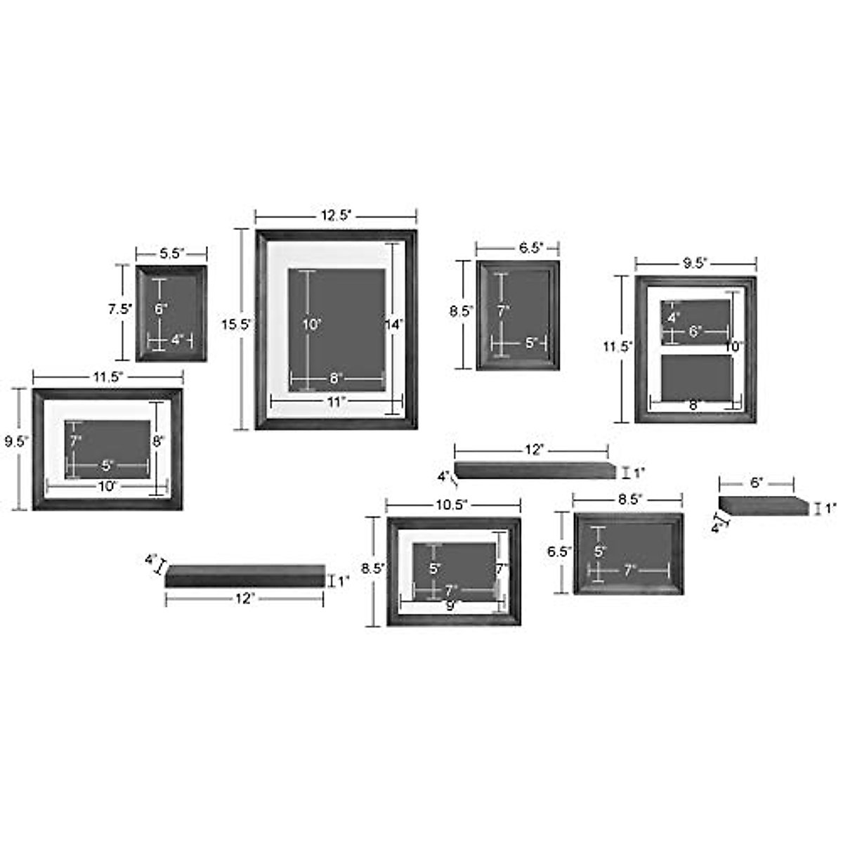 Kate and Laurel Bordeaux Gallery Wall Frame and Shelf Kit, Set of 10, Rustic Brown and Charcoal Gray, Assorted Size Frames and Three Display Shelves