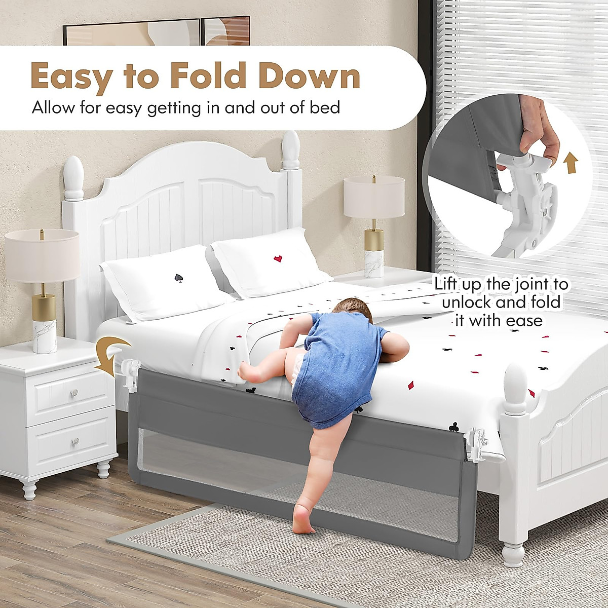 BABY JOY Bed Rails for Toddlers, 71'' Extra Long, Swing Down Bed Guard w/Safety Strap, Folding Baby Bedrail for Kids Twin, Double, Full Size Queen & King Mattress (71-Inch, Gray)