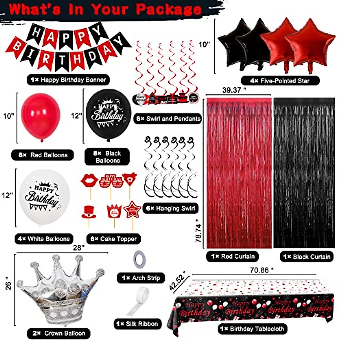 Red and Black Birthday Decorations for Men Women, Happy Birthday Party Decor for Boys Girls with Birthday Banner Tablecloth Curtains Crown Balloons Hanging Swirls Pendants for Bday Party Suppliers