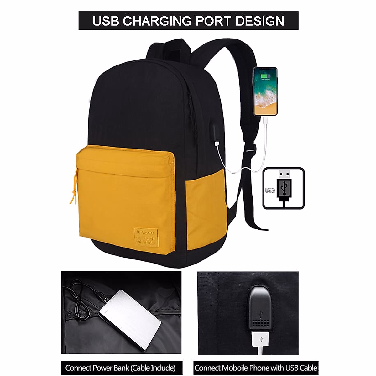 SUPACOOL Lightweight Casual Laptop Backpack with USB Charging Port For for Men and Women, Backpack for College (Full black and yellow)