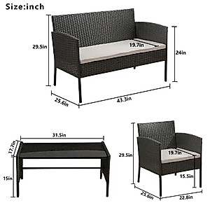 GURLLEU Rattan Sofa Furniture Set, Outdoor Patio Conversation Chair, Loveseat and Tempered Glass Coffee Table, Loveseat for Garden Lawn (Black and White Cushions) (Set 4 Pieces)