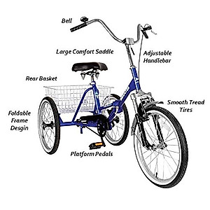 Mantis Tri-Rad 20 Inch Wheels Single Speed Adult Folding Tricycle, Silver,20" Wheels/16" Frame