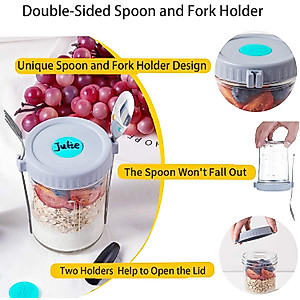 P&Y Overnight Oats Containers with Lids, 12 Oz Glass with Spoons and Forks, Oatmeal Container with Letter Silicone Label for Yogurt Fruit Vegetable Salad(Gray J with Forks 2Pack)