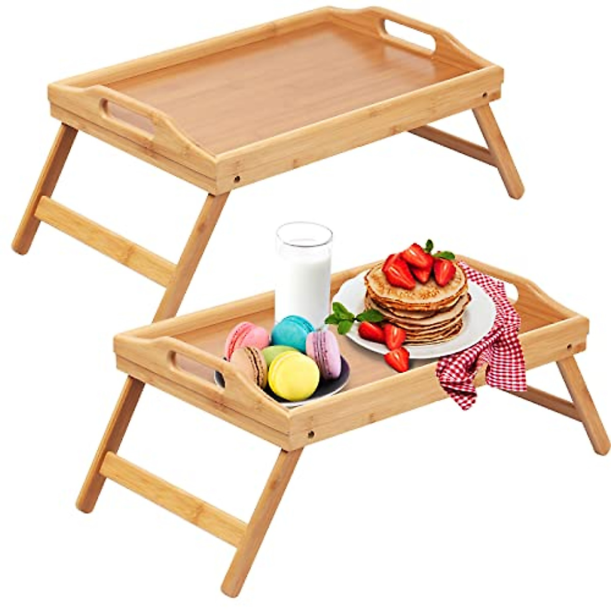 Artmeer Bed Tray Table with Foldable Legs,Bamboo Breakfast Tray with Handles Ideal for Sofa, Bed, Eating,Working,Used As Laptop Desk Snack Tray 2 Pack Bamboo