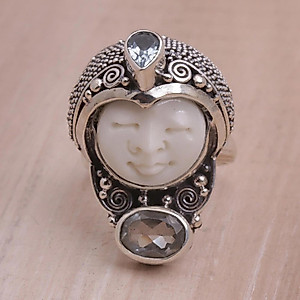 NOVICA Artisan Handmade Blue Topaz Cocktail Ring 925 Silver Face Shaped from Bali Bone Sterling Indonesia Birthstone [crownbezel 1 in H x 0.7 in W x 0.4 in D Band Width 4 mm W] ' Moonlight Prince'