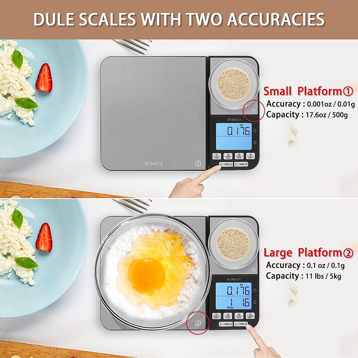 BOMATA Dual Platform Digital Kitchen Scale with Two Precision 0.1 g & 0.01 g/0.001 oz, Max Capacity 11 lb/5 kg, Food Scales Grams and Ounces with Stainless Steel, Backlit LCD
