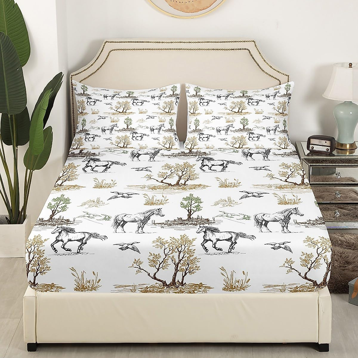 Wild Horse Fitted Sheet Queen Size Western Jungle Tree and Duck Sketch Bedding Set 3Pcs Southwest Farmhouse Animals Bed Sheet Cowboys Rustic Deep Pocket Sheet for Kids Boys Girls Adult Room Decor