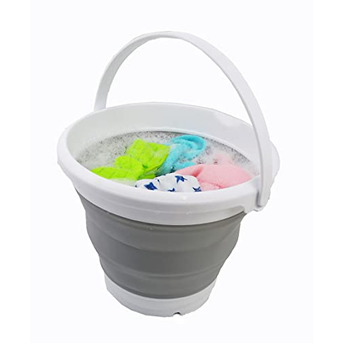 SAMMART 5.5L (1.4 Gallon) Collapsible Plastic Bucket - Foldable Round Tub - Portable Fishing Water Pail - Space Saving Outdoor Waterpot (Grey & Grass Green, 2)