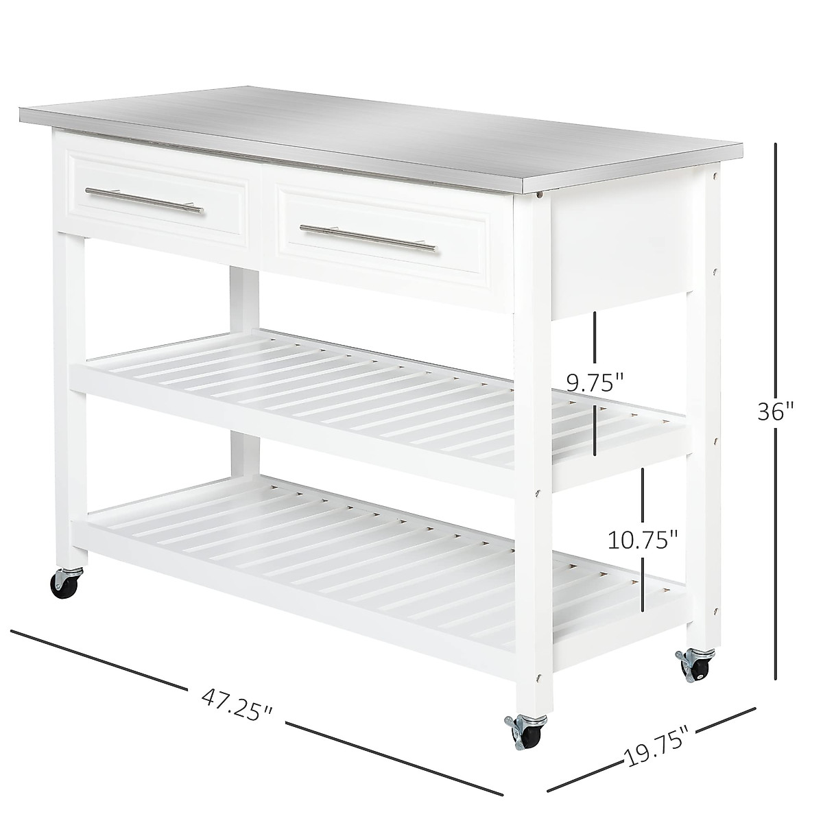 HOMCOM Kitchen Island Rolling Utility Trolley Cart with 2 Drawers Stainless Steel Top - White