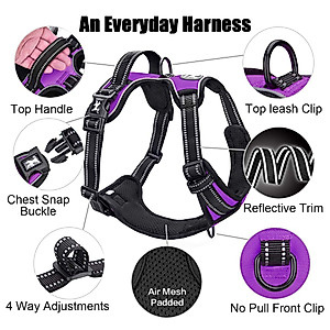 PoyPet No Pull Dog Harness, Reflective Comfortable Vest Harness with Front & Back 2 Leash Attachments and Easy Control Handle Adjustable Soft Padded Pet Vest for Small to Large Dogs (Purple,M)
