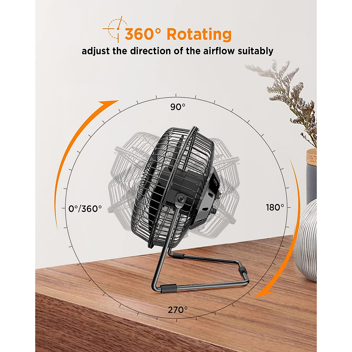 EasyAcc 6 Inch USB Desk Fan, Small USB Desk Fan, [Small Quiet Strong Airflow and 360° Rotating Personal Table Cooling Fan] USB Powered Portable Fan, 2 Speed（3.3~4.1 M/S Black (USB POWERED ONLY)