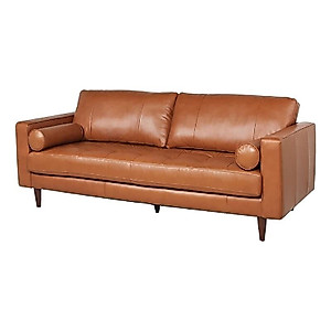 MAKLAINE 88" Top Grain Genuine Leather Tufted 3 Seater Sofa with Bolster Pillows, Mid Century Modern Lawson Style Couch with Excellent Craftsmanship, Camel Brown