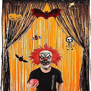 Foil Fringe Curtains Halloweens Party Decorations - Orange Tinsel Photo Backdrop Metallic Streamers for Birthdays, Fall, Pumpkin Theme, Thanksgiving, Basketball Party Decorations