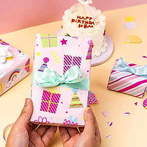 WRAPAHOLIC Birthday Wrapping Paper Roll - Mini Roll - 3 Rolls - 17 Inch X 120 Inch Per Roll - Pink Rainbow, Birthday Gift Boxes, Stripes for Kid's Birthday, Baby Shower