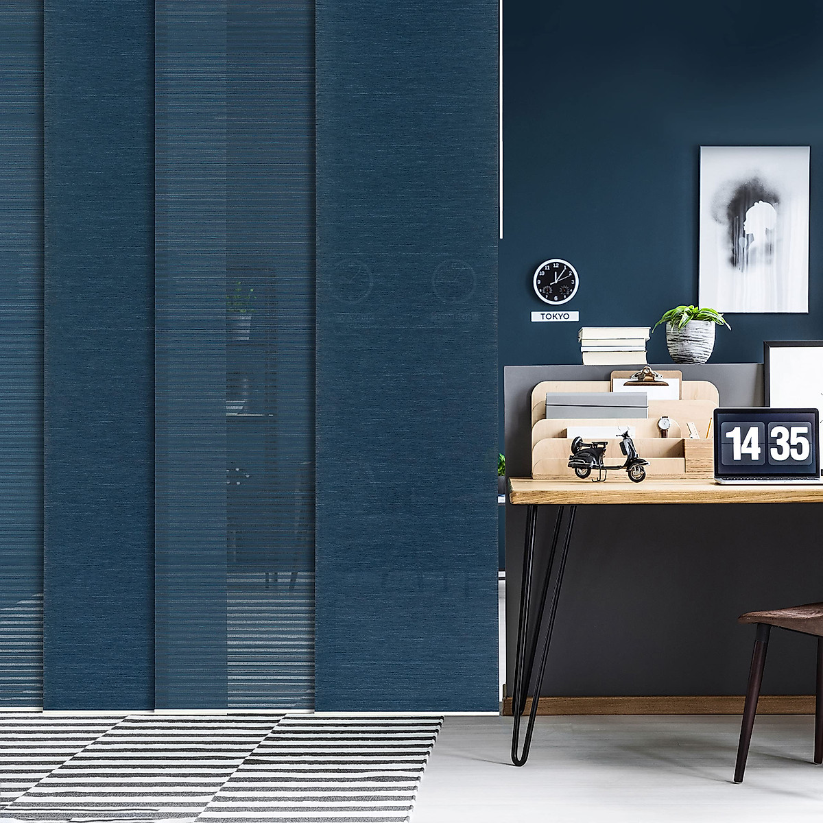 GoDear Design Adjustable Sliding Vertical Blinds for Sliding Glass Doors 45.8"- 86" W x 96" H, Extendable Panel Track Blinds, Hanging Room Dividers, Blue Trimmable Woven Fabric, Semi-Sheer, Meteor