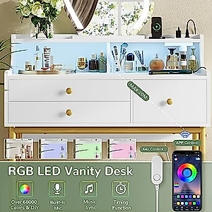 VIAGDO Makeup Vanity with Lights, Vanity Desk with 3-Color Touch Screen Lighted Mirror, White Vanity Table with Charging Station, Modern Makeup Desk with LED Lights, Adjustable Drawer Dividers